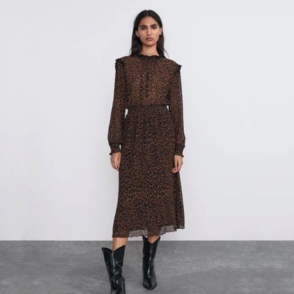 Zara | Dresses | Zara Leopard Print Chiffon Midi Dress | Poshmark